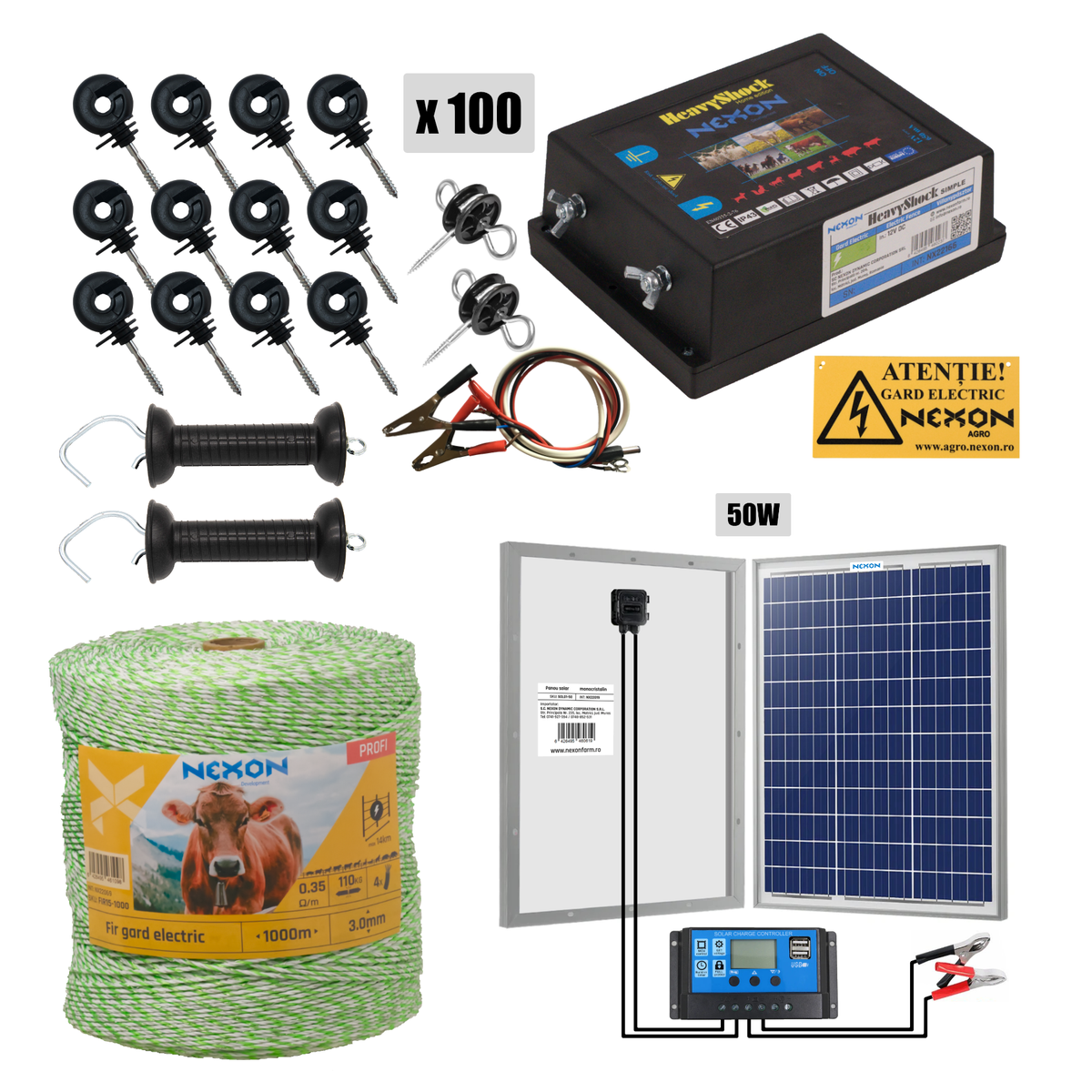 Pachet PREMIUM gard electric NEXON 6.6J cu Panou Solar și Fir de 1000m ...
